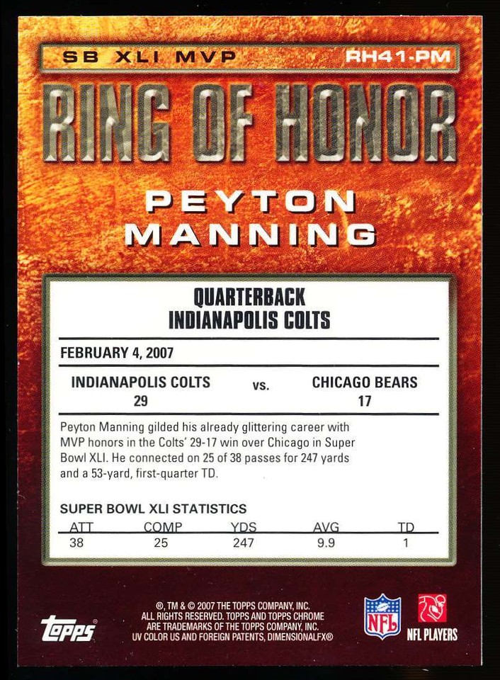 Payton Manning 2008 Topps Ring of Rings Card# RH41-PM | eBay