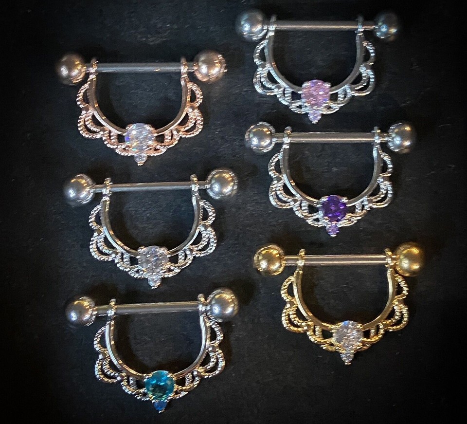 PAIR CZ Center Lacey Filigree Drop Nipple Shields Rings Body Jewelry | eBay