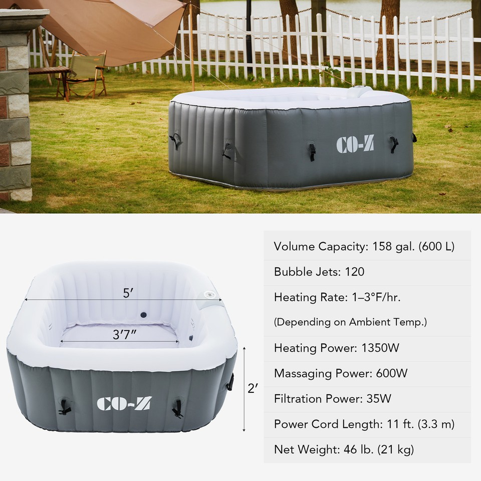 CO-Z 4 Person Inflatable Hot Tub w 120 Massage Jets Air Pump Outdoor ...