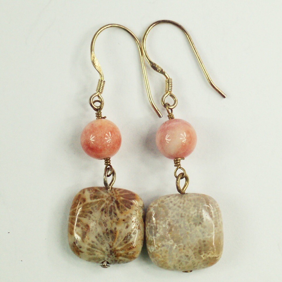 Gold Tone Sterling Silver Pink Nephrite Fossil Coral Hook Drop Dangle ...