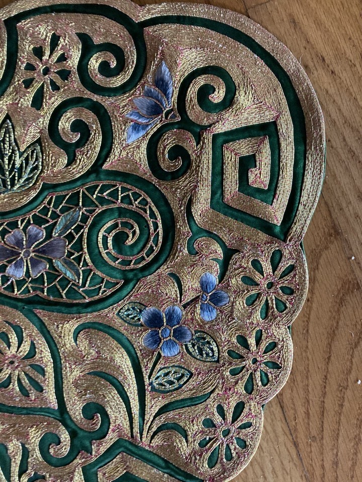 Qing Chinese Embroidered Metallic Thread Mat/Doily Vintage Green ...