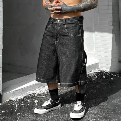 Mens Loose Denim Shorts Gangsta Chicano Hip-Hop Knee-Length Pants Baggy ...