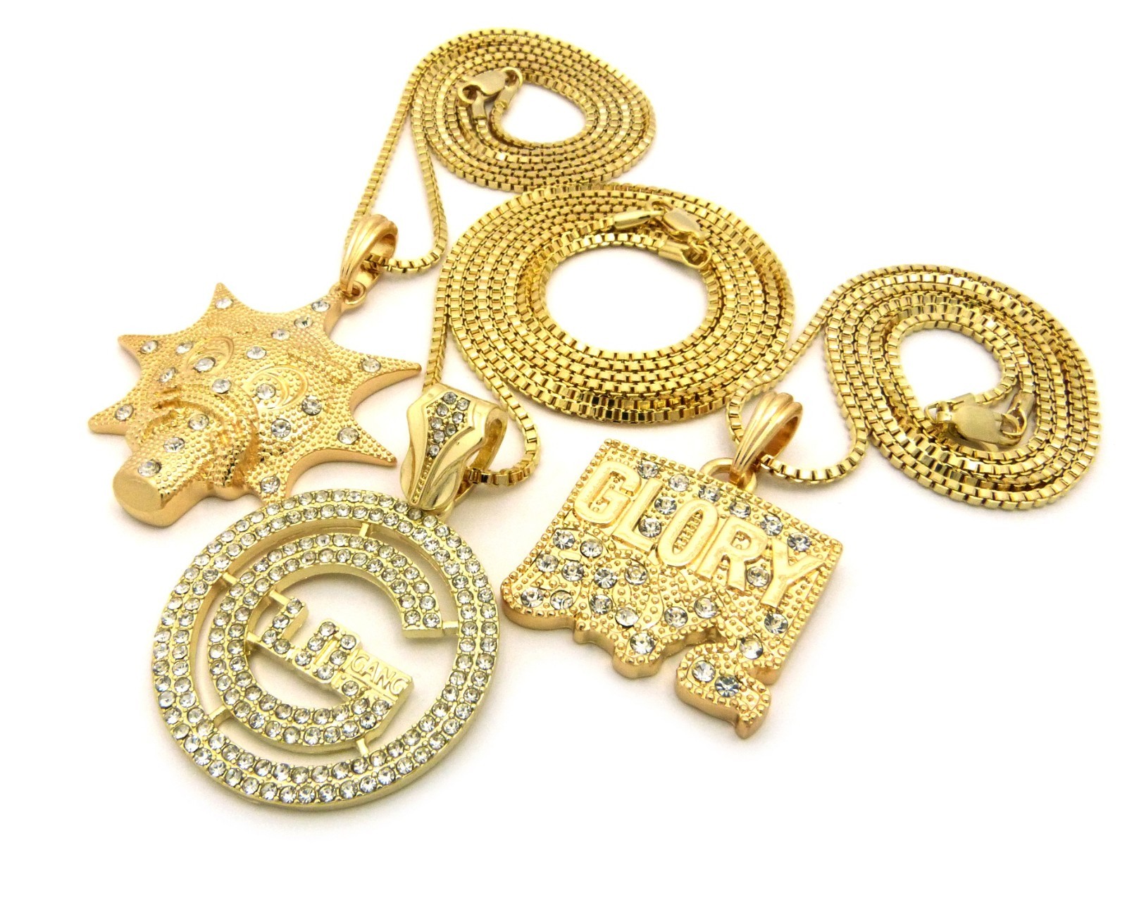 NEW GLO GANG & GLORY BOYZ PENDANTS &BOX CHAINS 3 NECKLACES SET - RC1242 ...