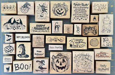 HALLOWEEN & FALL RUBBER STAMPS RARE CATS GHOST SAYINGS LEAVES PSX SU ...
