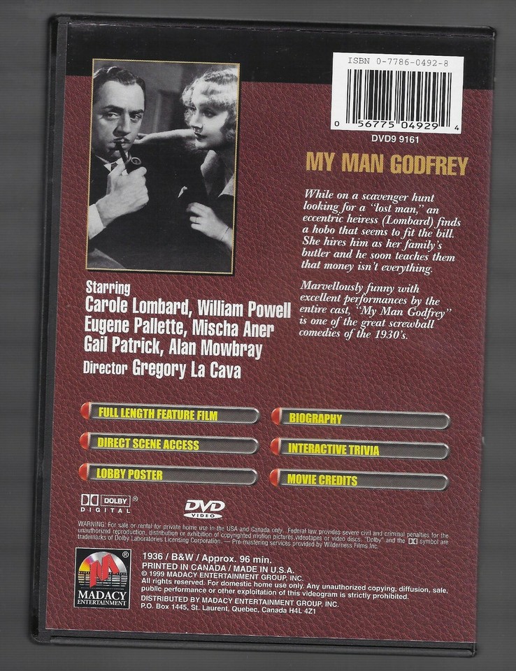 MY MAN GODFREY - DVD A - WILLIAM POWELL - CAROLE LOMBARD - 1936 | eBay