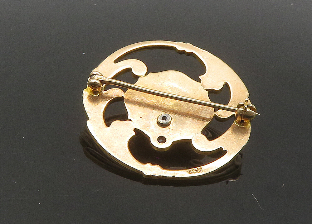 14K GOLD - Vintage Antique Ruby Enamel Flower Dome Round Brooch Pin ...