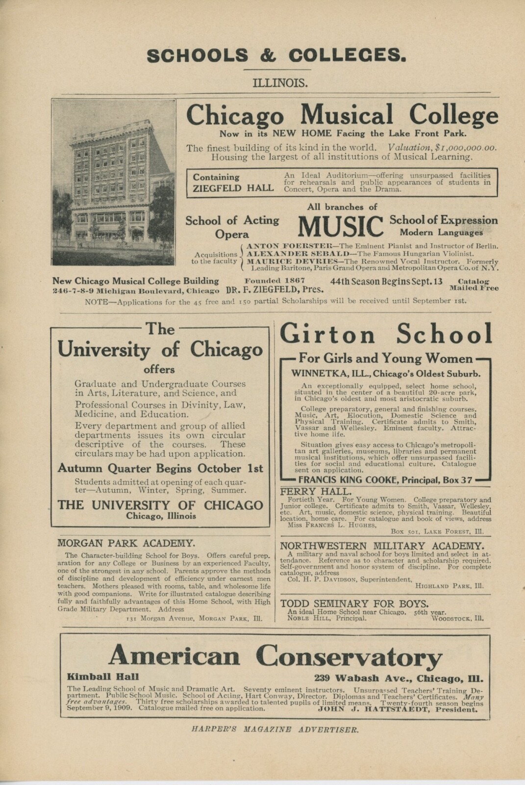 1906 Chicago Musical College Vintage School Ad Ziegfeld Hall Illinois ...