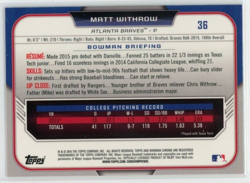 2015 Bowman Draft Baseball Matt Withrow 1st Chrome Refractor #36 | eBay