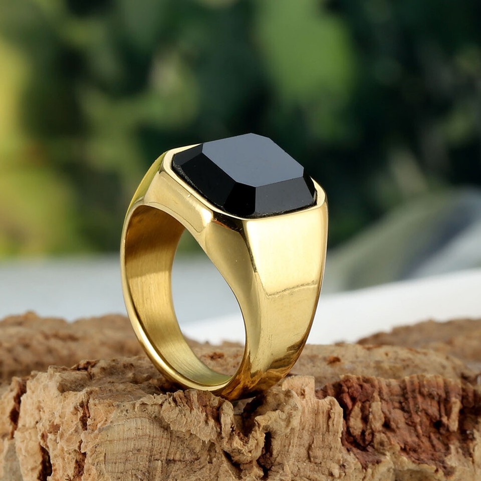 Men Women Blue Square Stone Signet Ring Stainless Steel Pinky Cocktail ...