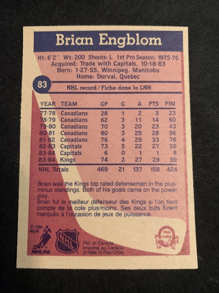 1984-85 O-Pee-Chee Hockey Card 83 Brian Engblom Los Angeles Kings NmMt ...