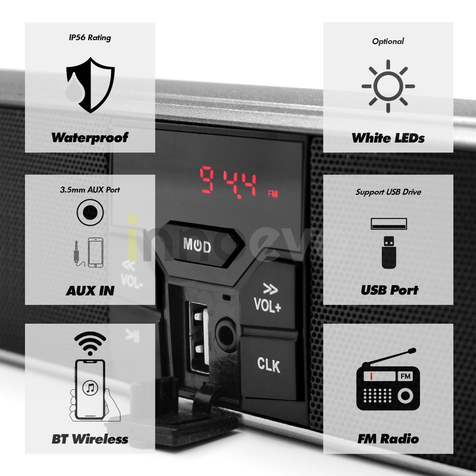 Waterproof Bluetooth Motorcycle Stereo Speaker Audio System MP3 USB AUX ...