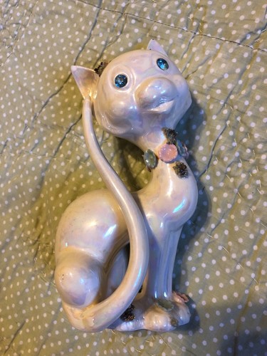 LEFTON Vintage Cat with Blue Rhinestone Eyes Applied Flowers Figurine ...