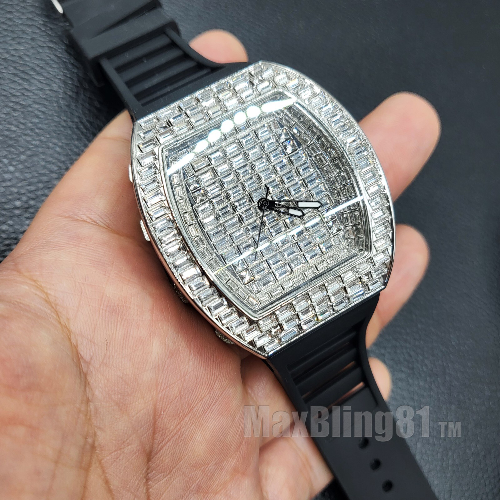 Men Luxury Watch Iced Bling Rapper Baguette Stone Silicone Band Fashion ...
