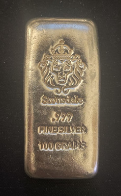 100 Gram Cast Silver Bar by Scottsdale Mint .999 Silver Bullion - 100g ...