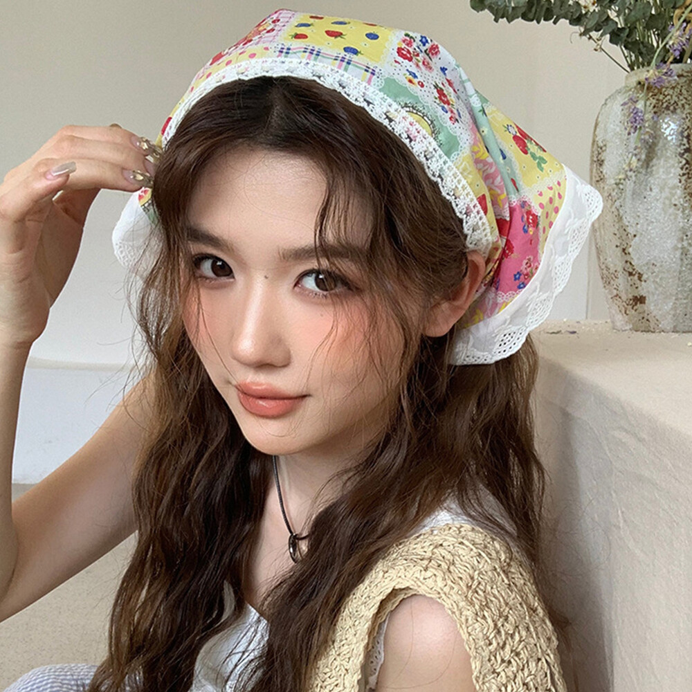 French Pastoral Style Flower Triangle Hair Band Lattice Hair Strap ...