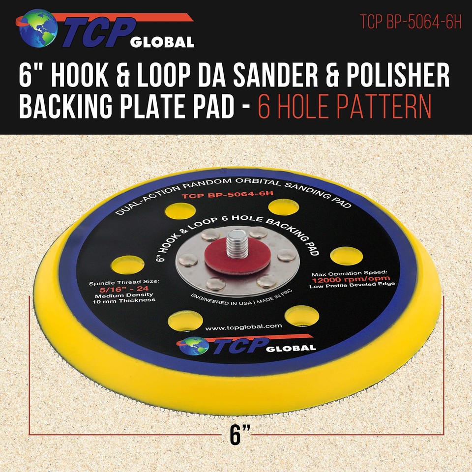 6" Hook & Loop DA Sander & Polisher Backing Plate Pad, 6 Hole Pattern ...