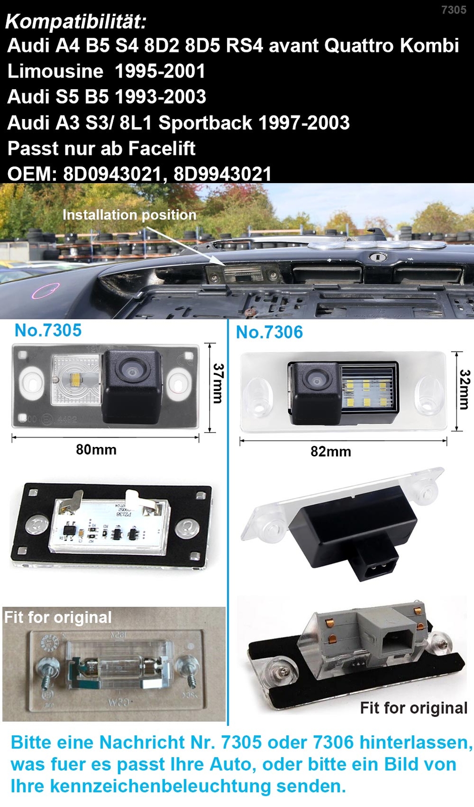 Auto Rückfahrkamera für Audi A4 B5 S4 8D2 8D5 RD4 A3 S3 8L1 Sportback ...