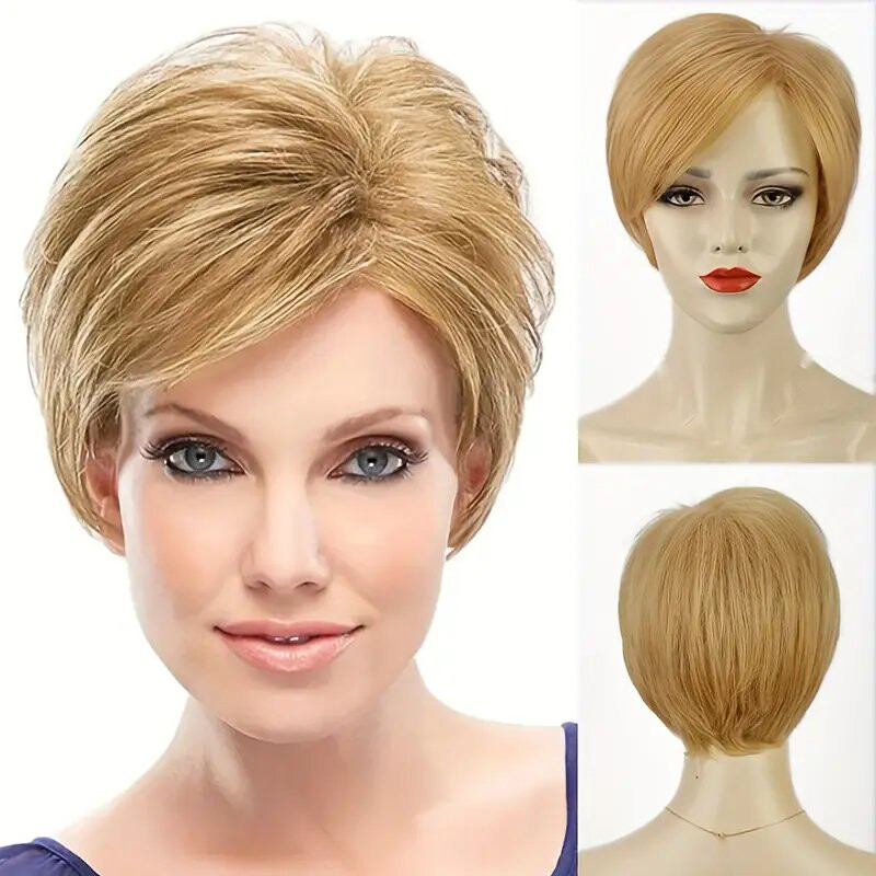 Short Straight Wigs With Bangs Side Part Fluffy Synthetic Wig Layered ...