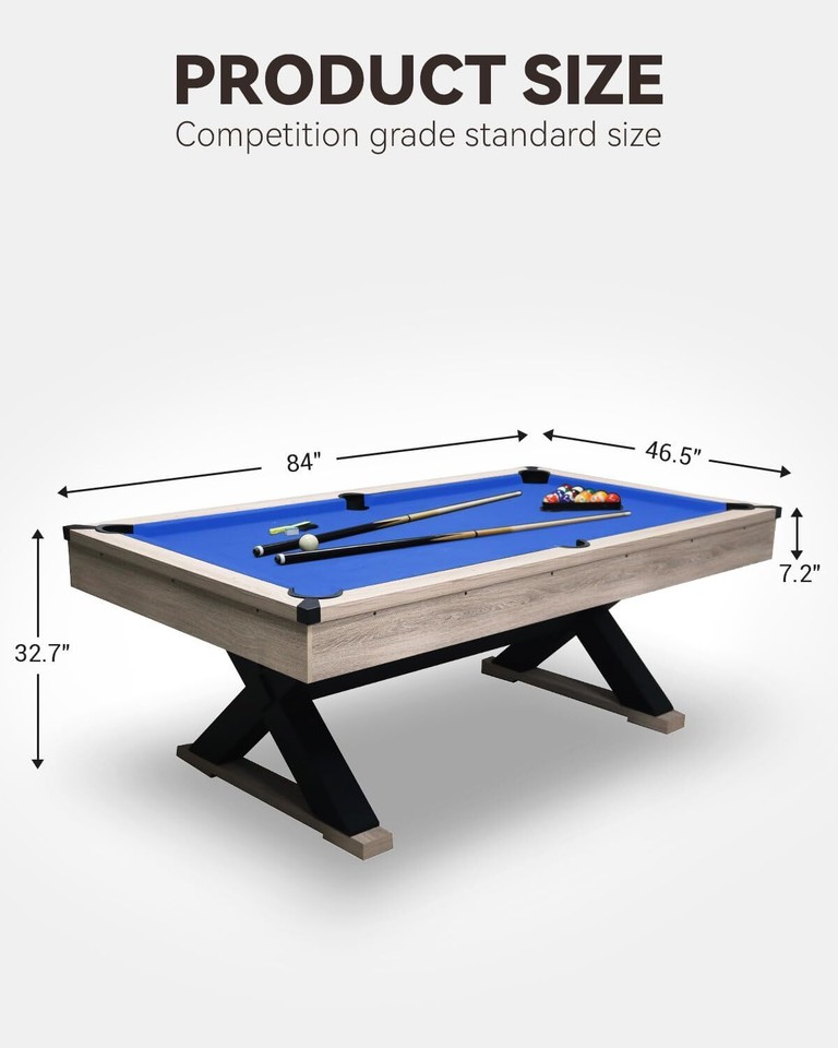 1 Set Of Hdf+Solid Wood 84-Inch Pool Table With Billiard Balls Cues ...