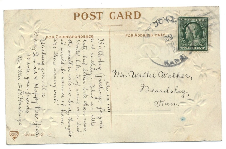 BIRTHDAY pink flower MAF Publ fancy Old English font 1911 Beardsley KS ...