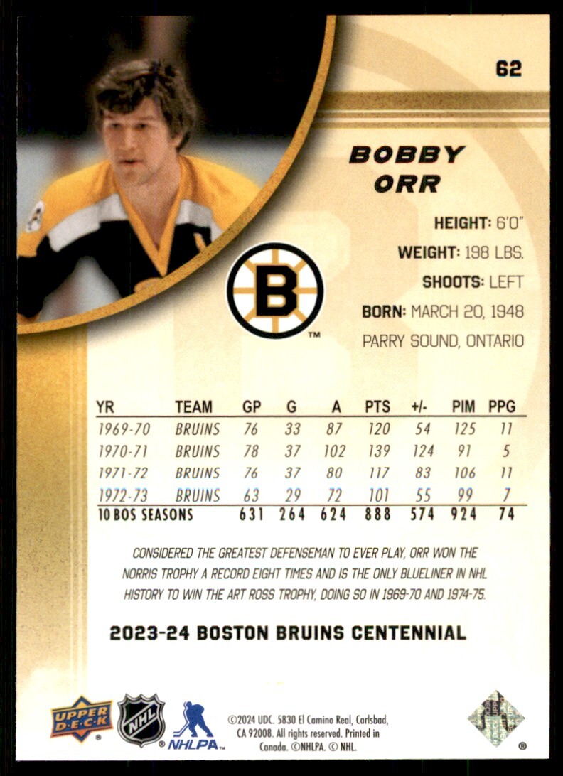 2023-24 UPPER DECK CENTENNIAL YELLOW BOBBY ORR BOSTON BRUINS #62 | eBay