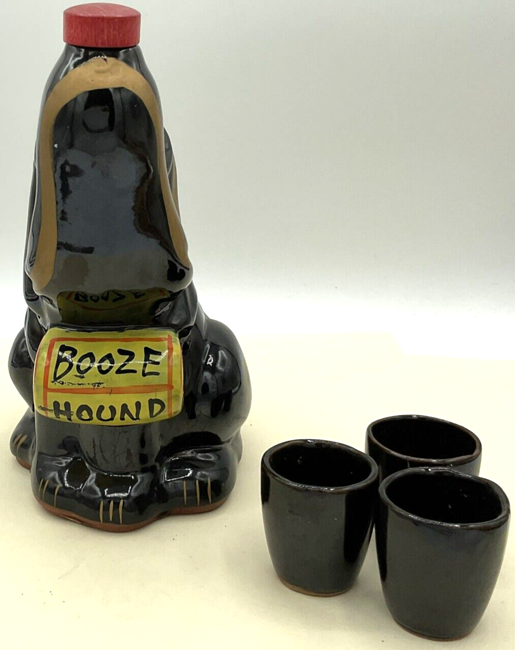 Vintage Ceramic Booze Hound EMPTY Decanter 3 Shot Glasses MCM Japan Barware | eBay
