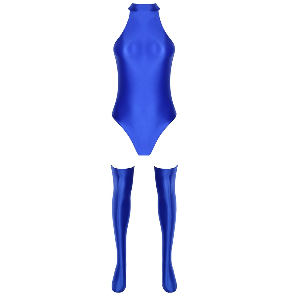 Women's Leotard Stretchy High Cut Shiny Oil Glossy Bodysuit with Long ...