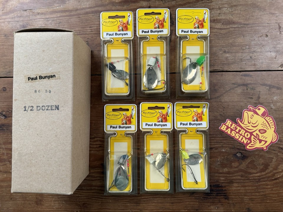 NOS Complete Dealer Box Fred Arbogast Paul Bunyan 6 Lures RETRO BASSIN ...
