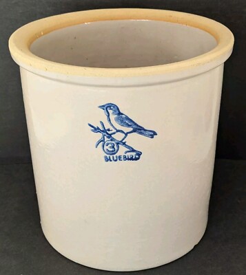 Vintage Bluebird 3 Gallon Stoneware Crock Cobalt Bird On Branch Logo | eBay
