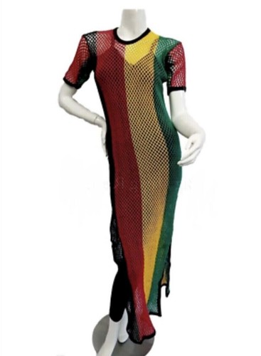Rihanna Work Dress Rasta Jamaican Side Slit Split Mesh Carnival Riana ...