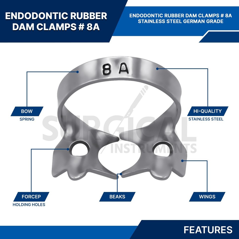 5 Pcs Endodontic Rubber Dam Clamps #8A Stainless Steel Dental German ...