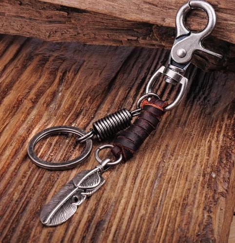 NC70 Brown Mens Biker Cool Feather Pendant Leather Key Ring Keychain ...