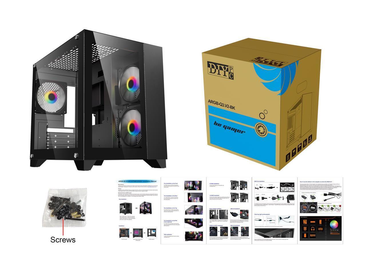 DIYPC ARGB-Q3.v2 Black Tempered Glass Micro ATX Gaming Computer PC Case ...