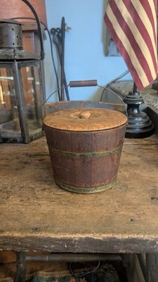 Antique Early Primitive Wood Small Shaker Berry Bucket Old Red Paint 3. ...