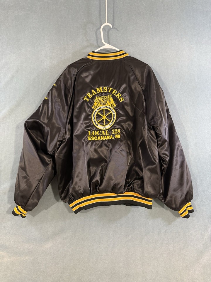 Vintage Teamsters Union Satin Bomber Jacket ESCANABA,MI Local 328 Black ...