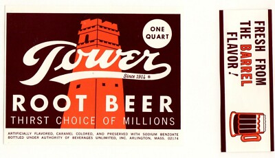 Tower Root Beer 1 Quart Paper Label Plus Shoulder Label Size 4 3/8" x 3 ...