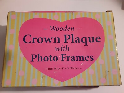 WOODEN CROWN PLAQUE WITH 3 DANGLING PHOTO FRAMES - NEW FACTORY PACKAGED ...