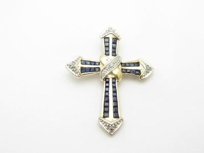 14k or Jaune & Diamants Saphir Bleu Channel Set Croix Breloque ...