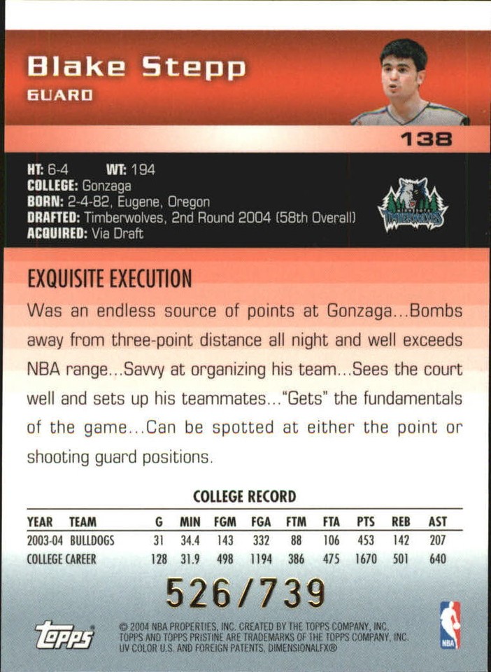 2004-05 Topps Pristine #138 Blake Stepp U /739 - NM-MT | eBay