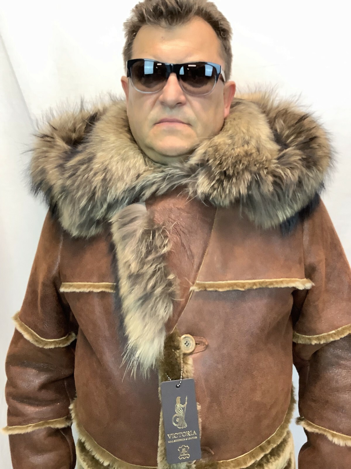 WHISKEY REAL SHEEPSKIN SHEARLING LEATHER REAL RACCOON WESTERN TRENCH ...