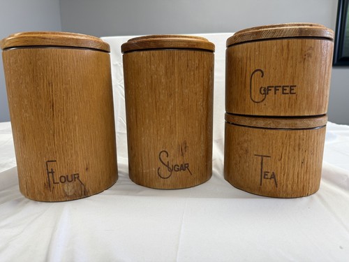 Vintage Cornwall Oak Wood Canisters Flour Sugar Tea Coffee Set of 4 MCM ...