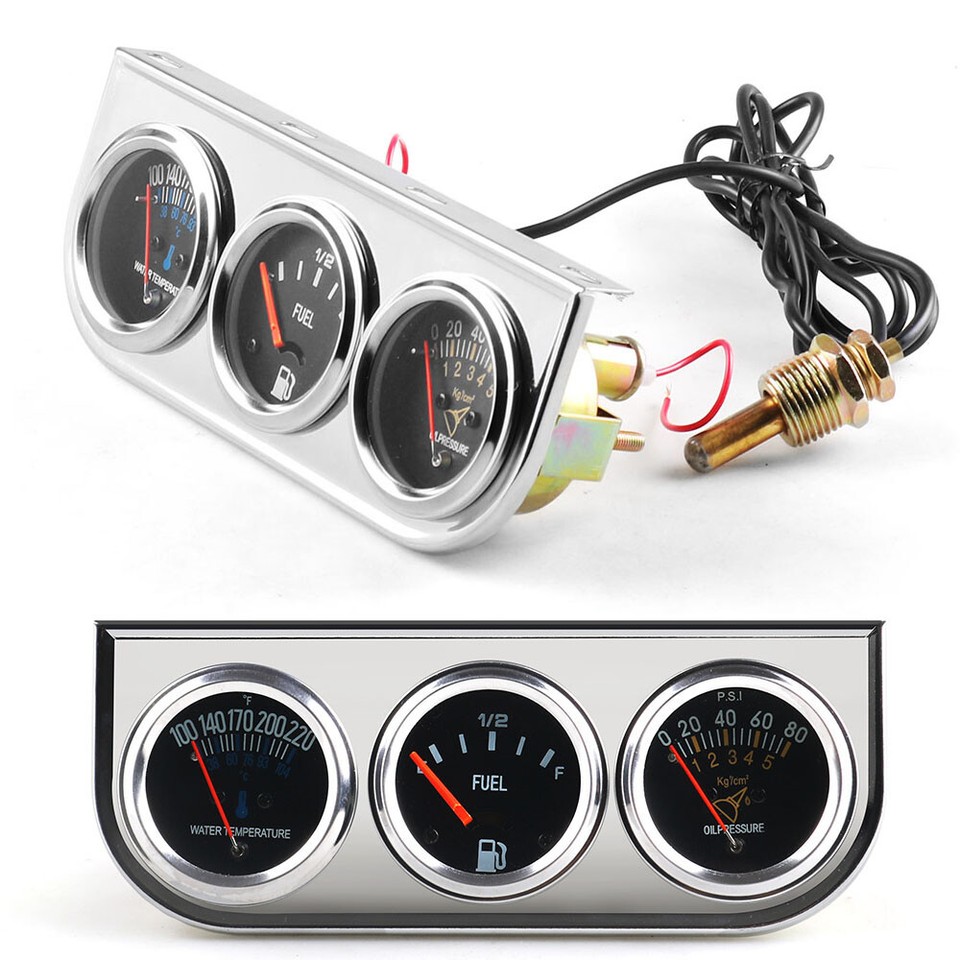 52mm Chrome Car 3in1 Triple Gauge Kit Oil Pressure Water Temp Fuel ...