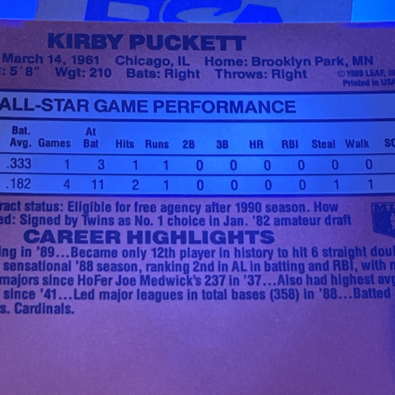 **RARE ERROR CARD** 1990 Donruss Kirby Puckett HOF All-Star - Errors ...