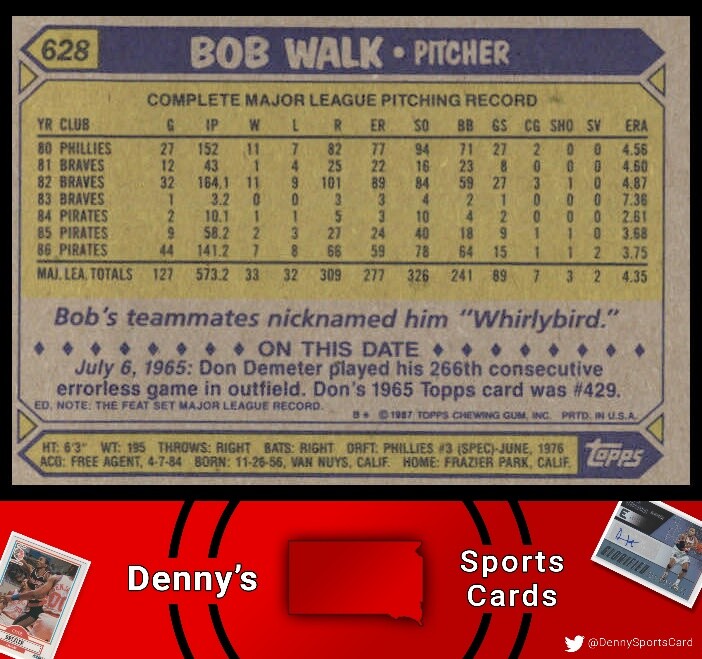 1987 Topps #628 Bob Walk Pittsburgh Pirates Baseball Card | eBay