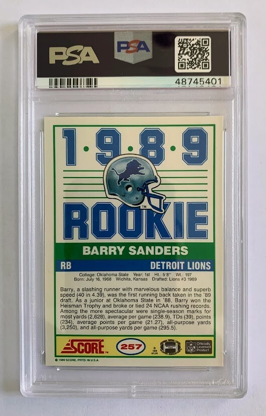 Barry Sanders RC 1989 Score Graded PSA 9 MINT Detroit Lions Rookie Card ...