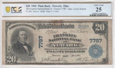 1902 $20 US National Bank Note, Franklin National Bank Of Newark Ohio ...