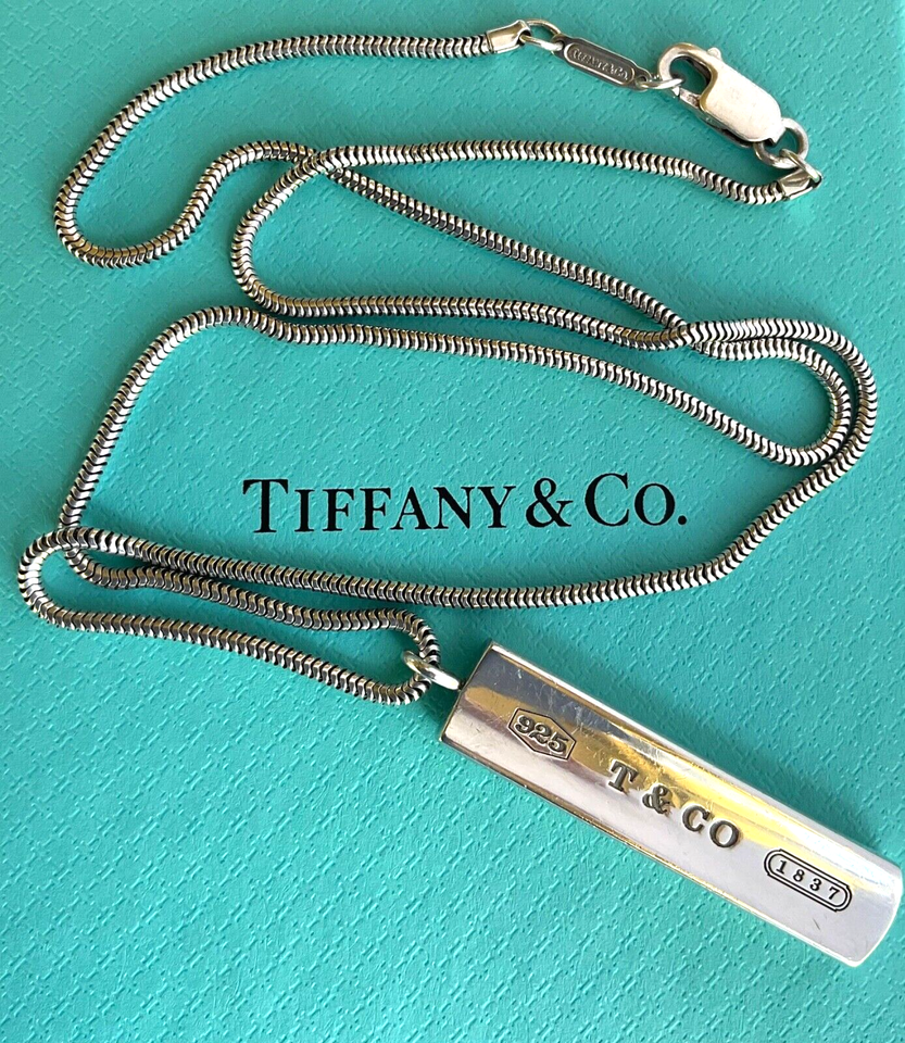 Tiffany & Co Sterling Silver 1837 Bar Pendant 18" Snake Chain Necklace ...
