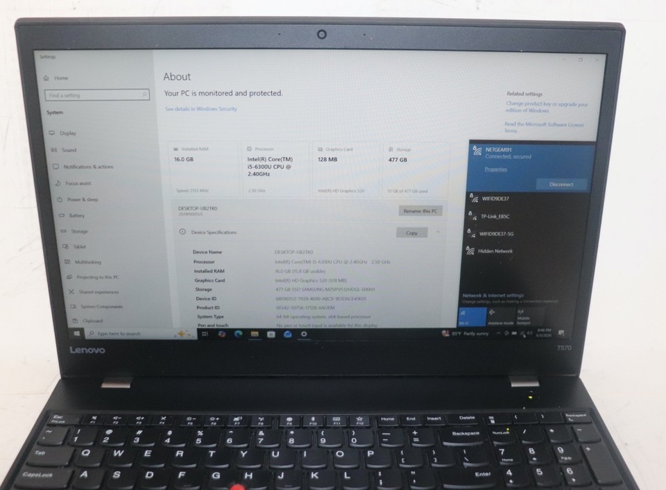 Lenovo ThinkPad T570 i5 16GB RAM 512GB SSD Dual Boot Windows 10 & Kali ...