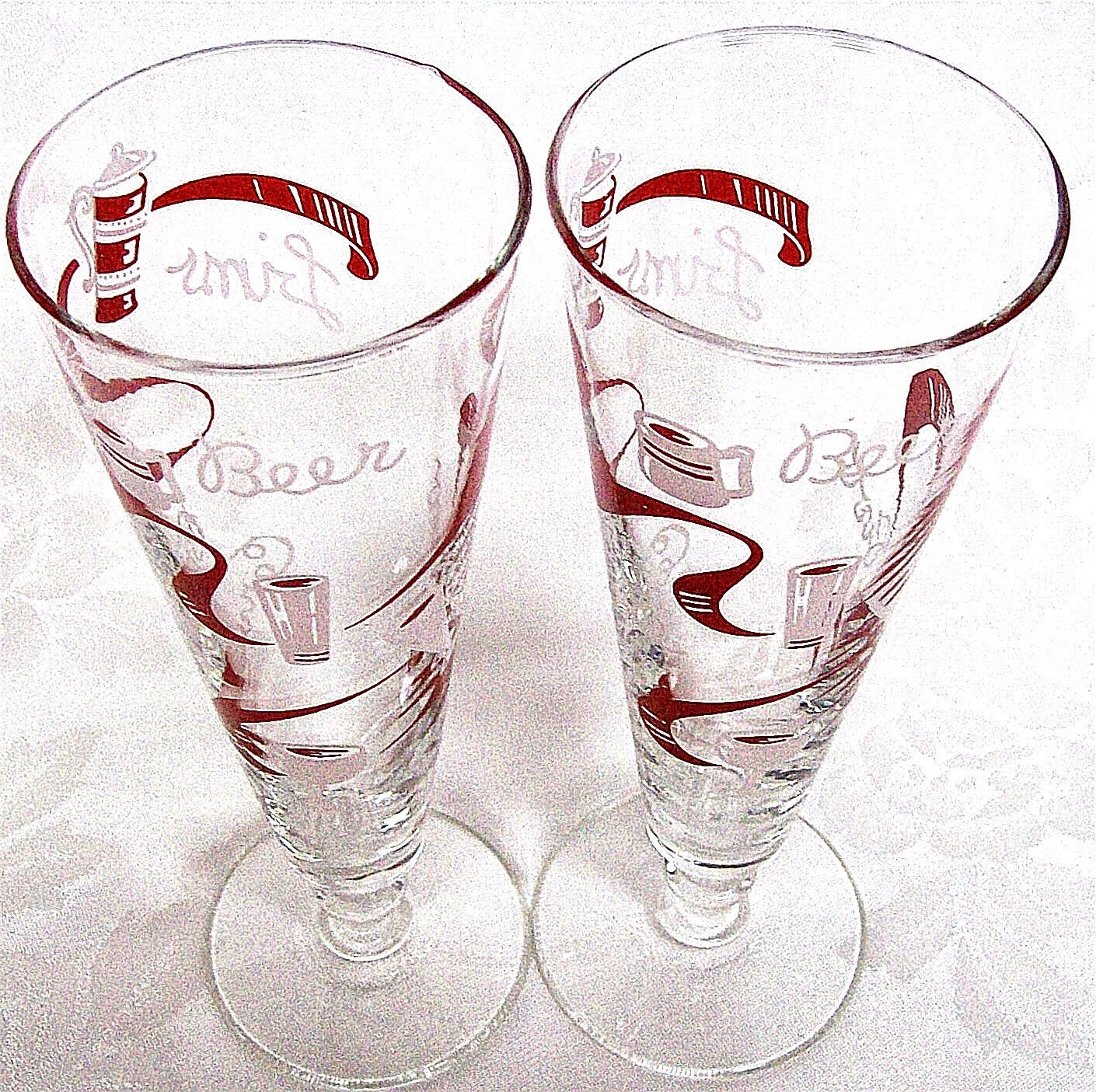 (2) TWO BEER FLUTES - 8 OZ - 8-1/2" TALL - RED & WHITE PRINTING | eBay