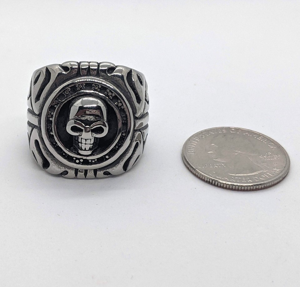 Skull Ring Stainless Steel Men's Fancy & Wide Skull Biker Ring Shield ...